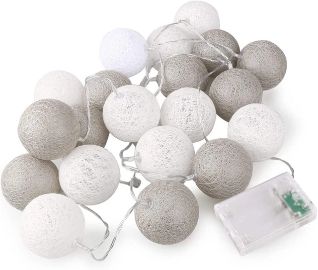 GREY WHITE COTTON Ball String Lights 20 LED Battery 3m Home Decor $39. ...