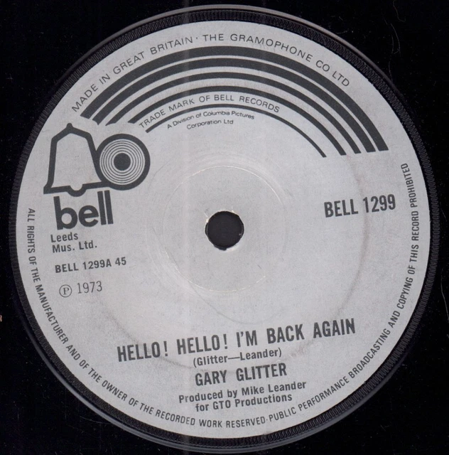 GARY GLITTER HELLO Hello I'm Back Again 7" vinyle UK Bell 1973 design ...