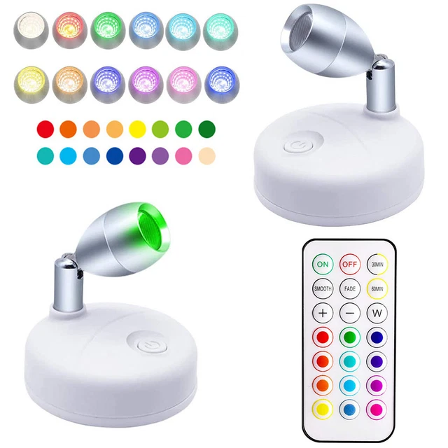 2X LED RGB Spotlight Wireless Stick-on Dimmable Remote Control Spot ...