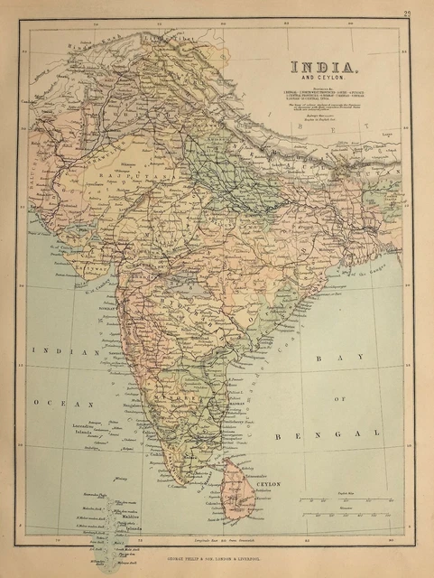 C1910 CARTE INDE & Ceylan Mysore Hyderabad Orissa Calcutta Népal Nepaul ...