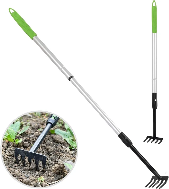 5 TINE GARDEN Claw Rake Hand Cultivator Tool with Adjustable Long Duty ...