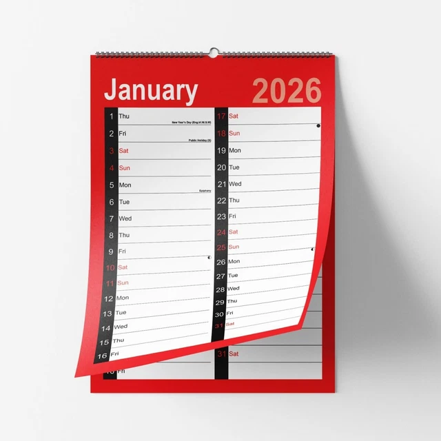 2026 WALL CALENDAR A4 Month to view A4 Red and black 2026 Wall PLanner ...