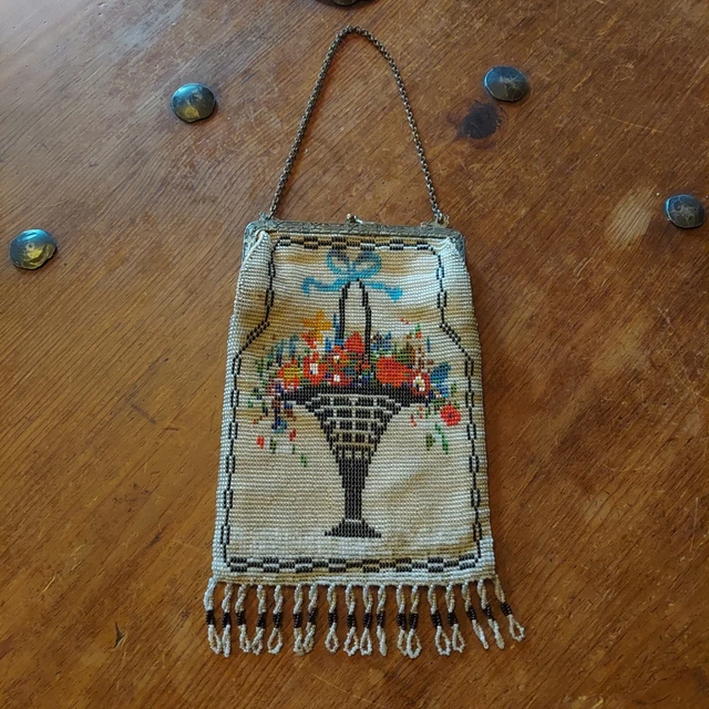 ANTIQUE EARLY 1900’S Victorian Micro Beaded Purse Flower Basket Handbag ...