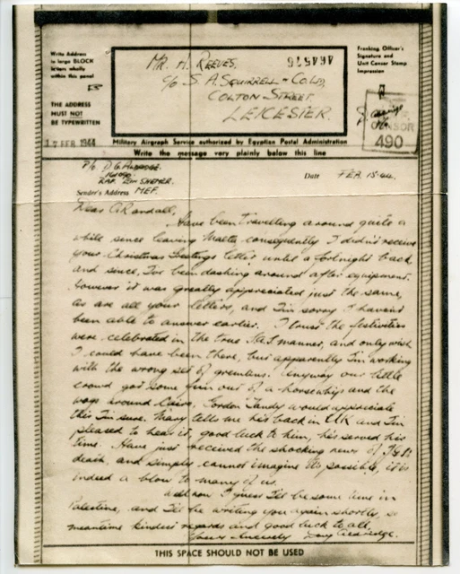 AIRGRAPH PALESTINE 1944.2.15 MEF ex RAF Station Ein Shemer - RAF CENSOR ...