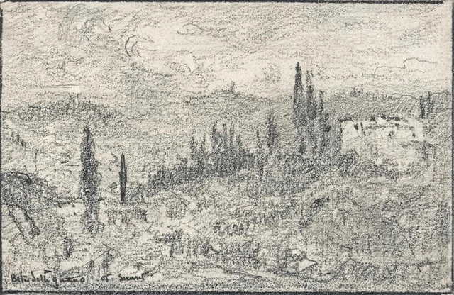 ANTIQUE PENCIL DRAWING - Victor Charles Ames (1859-1934) - Landscape In ...