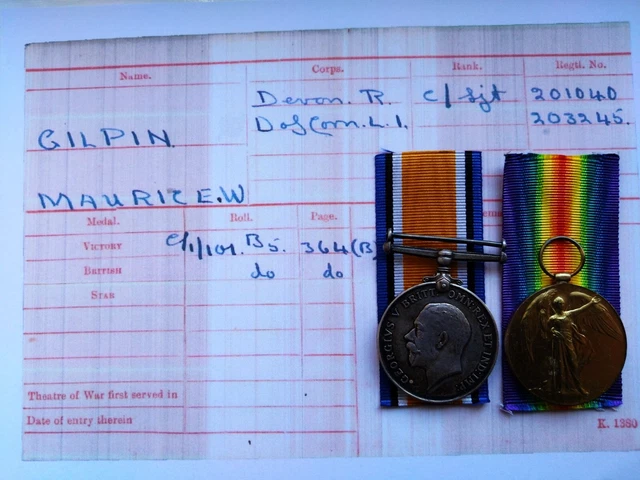 BRITISH WW1 WAR & Victory Medals/ Badges C/Sgt Gilpin 4 Devonshire Regt ...