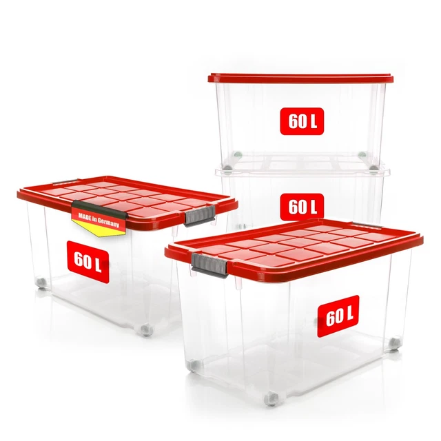 4X 60 L Aufbewahrungsbox mit Deckel Stapelbox groß rot stapelbare ...