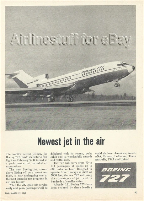 1963 BOEING 727 Historic First Flight PRINT AD advert NEWEST JET IN THE ...
