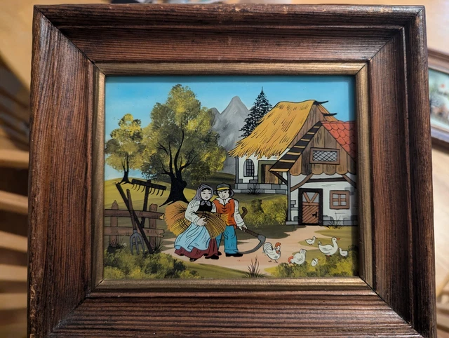 VINTAGE DER HANDMALER German Reverse Glass Painting Villagers Harvest ...