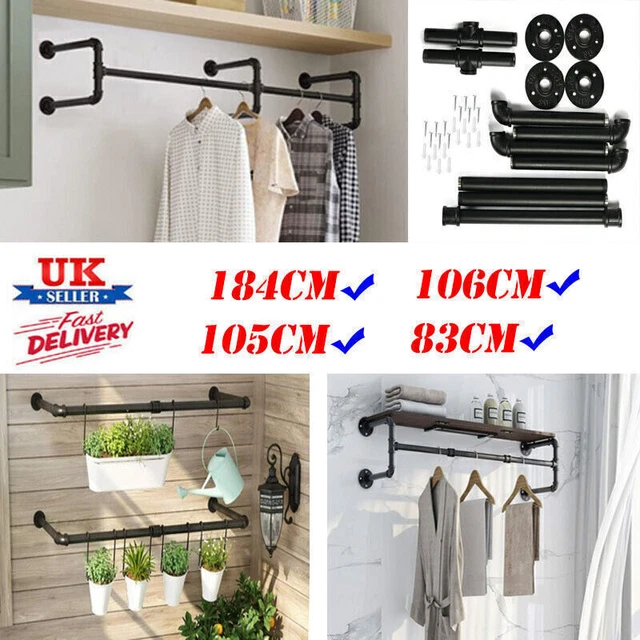BLACK INDUSTRIAL PIPE Wall Mounted Garment Rack Clothes Rail Storage ...