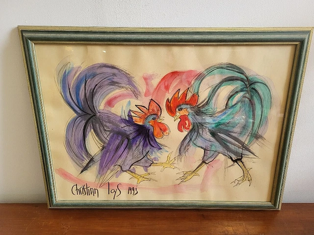 PAINTING WATERCOLOUR COMBAT Of Roosters Sign Christian Loys 1993 £306. ...