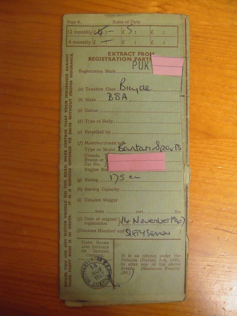 BSA BANTAM SPORTS 175cc 1967 MOTORCYCLE OLD LOG BOOK MEMORABILIA ...