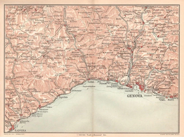 CARTA GEOGRAFICA ANTICA LIGURIA RIVIERA PONENTE SAVONA GENOVA 1916 ...