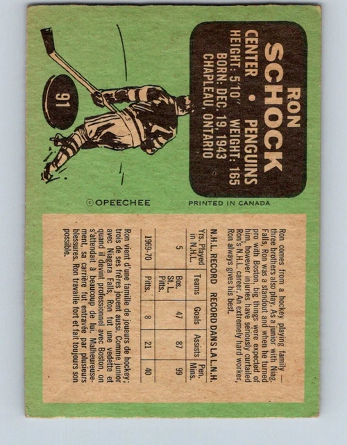 VINTAGE HOCKEY CARD Opc 1970 Pittsburgh Peinguins Ron Schock No1613 $6. ...