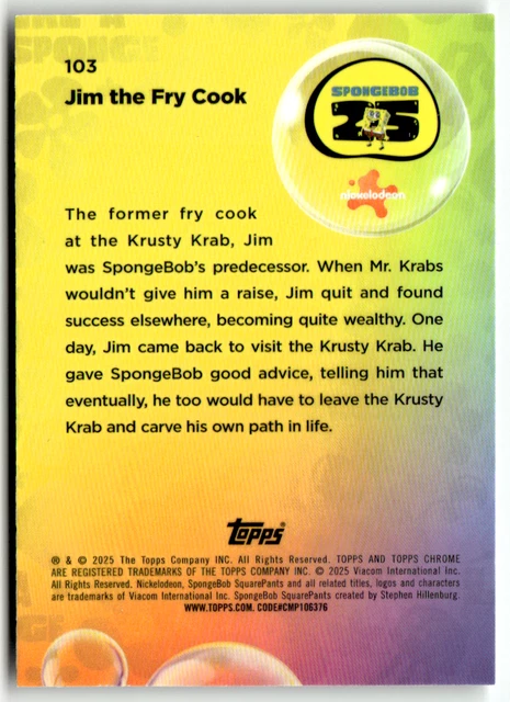 TOPPS SPONGEBOB CHROME 2025 No. 103 Jim the Fry Cook EUR 2,99 - PicClick DE