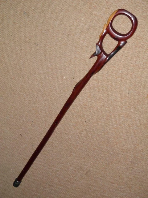 ANTIQUE 2-TONE EBONY African Walking Stick W/ Hand-Carved Snake & Stork ...