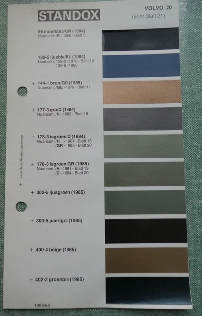 VOLVO FARBTABELLE FARBKARTE 1984 1985 Farbmuster Lackmuster Lacktabelle STANDOX EUR 8,00 ...