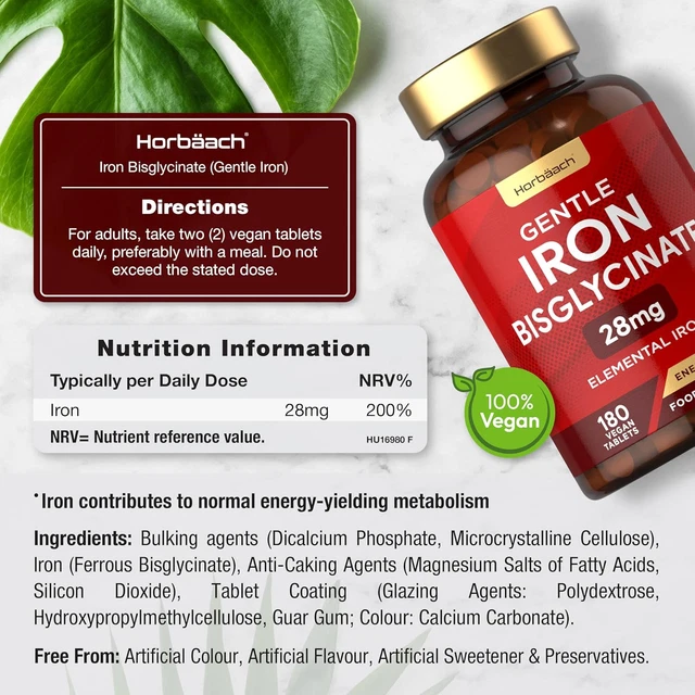 IRON TABLETS 28MG | High Strength Iron Bisglycinate Supplement | 180 ...