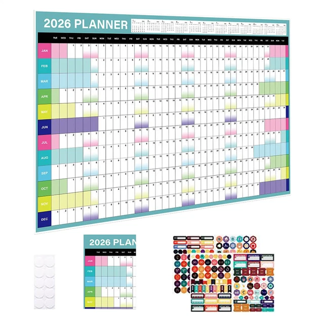 WANDKALENDER 2026, JAHRESPLANER, 12-Monats-Diagramm, Feiertage ...