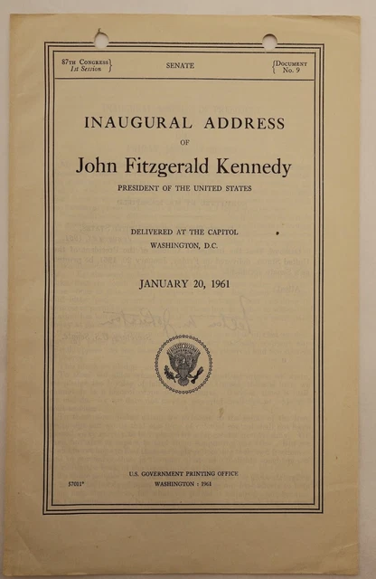 SENATE DOCUMENT #9, John F. Kennedy Inaugural Address, Govt Printing ...