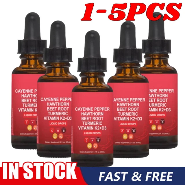 1-5X CAYENNE PEPPER Hawthorn Beet Root Turmeric Vitamin K2+D3 Liquid ...