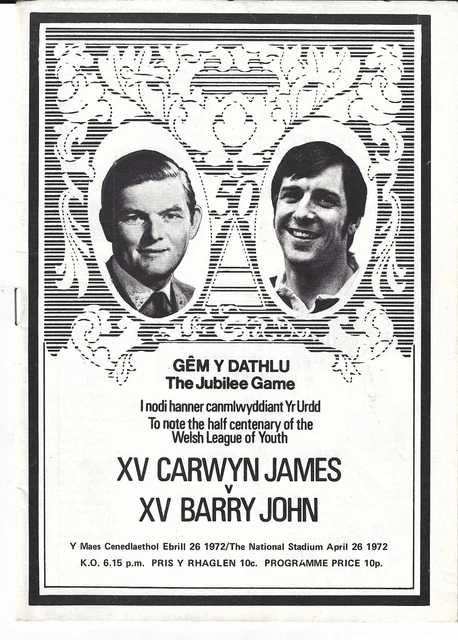 CARWYN JAMES XV v BARRY JOHN XV 1972 RUGBY PROGRAMME at CARDIFF ARMS ...