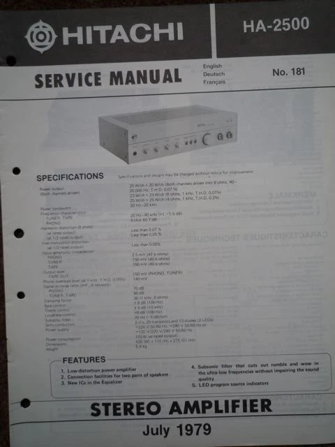 HITACHI HA-2500 STEREO Amplifier Service manual wiring parts workshop ...