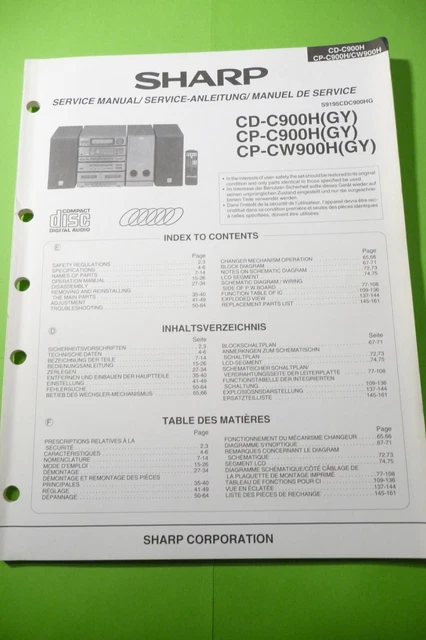 SERVIZIO MANUALE DI Istruzioni per Sharp CD-C900,CP-C900,CP-CW900,Originale EUR 3,59 - PicClick IT