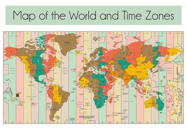 MAP OF WORLD with Time Zones Poster Notice Sign Educational School ...