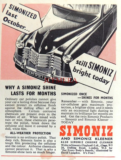 SIMONIZ MOTOR CAR Polish & Chrome Cleaner ADVERT Small 1950 Print 670/ ...
