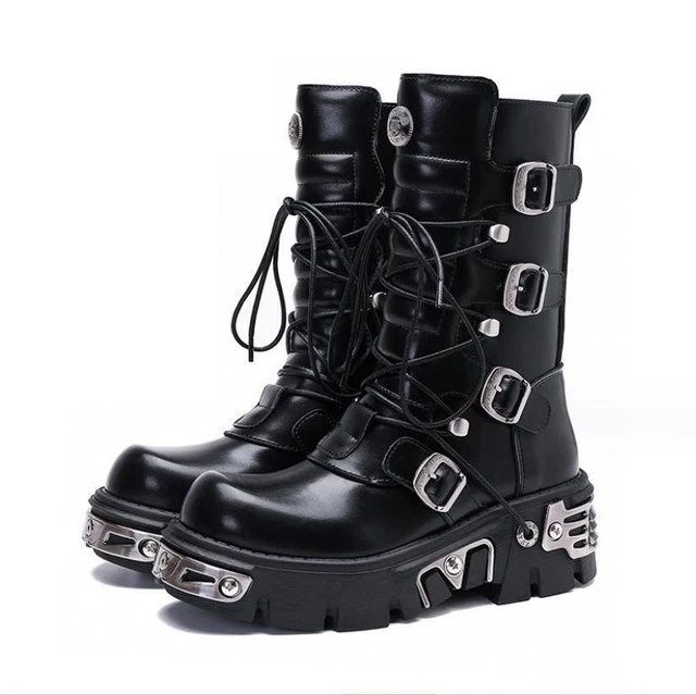 ROCK BOOTS UNISEX Metallic Black Leather Platform Gothic Boots UK New ...