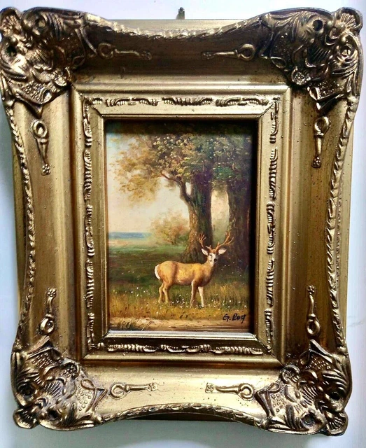 VINTAGE OIL PAINTING, SIGNED G. Roy, Stag with Antlers, Gold antique ...