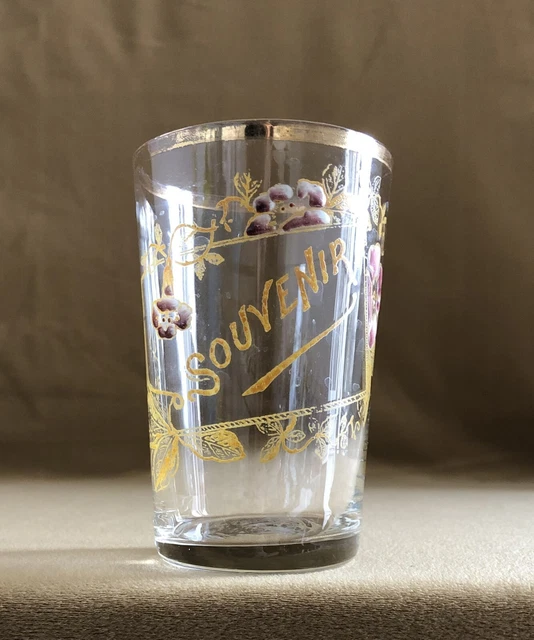 ANCIEN GOBELET EN verre émaillé SOUVENIR vers 1900 dorure Fleurs 11cm no cristal EUR 30,00 ...