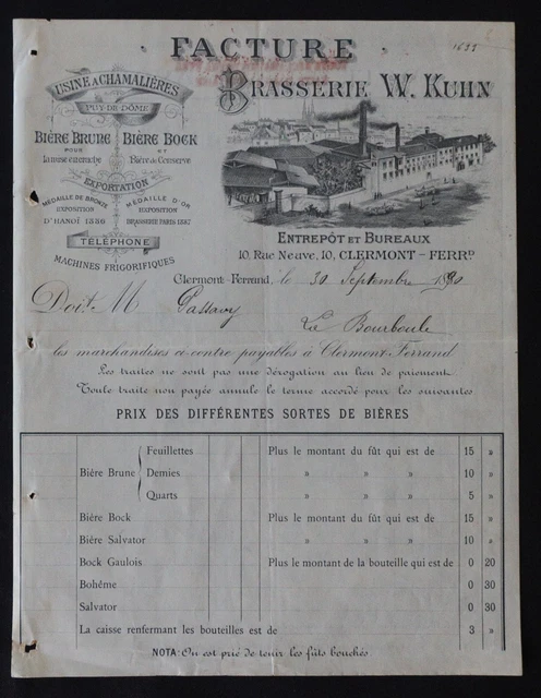 FACTURE CLERMONT-FERRAND 1890 Brasserie KUHN bière Chamalières ...