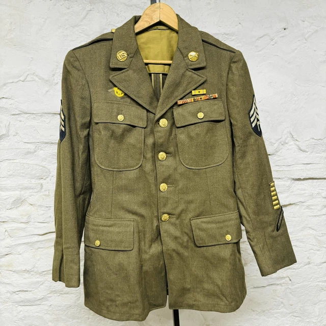 VINTAGE WW2 US Army Tech Sargent Wool Dress Jacket Hat Tie & Portrait ...