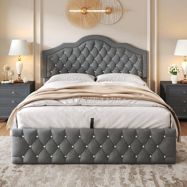 DOUBLE OTTOMAN BED Grey Velvet 4ft6 Storage Frame with Diamond ...