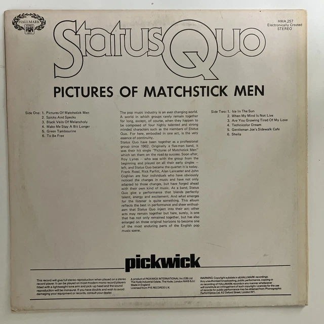 STATUS QUO - Pictures Of Matchstick Men 12” Vinyl LP Record VG+ £2.22 ...