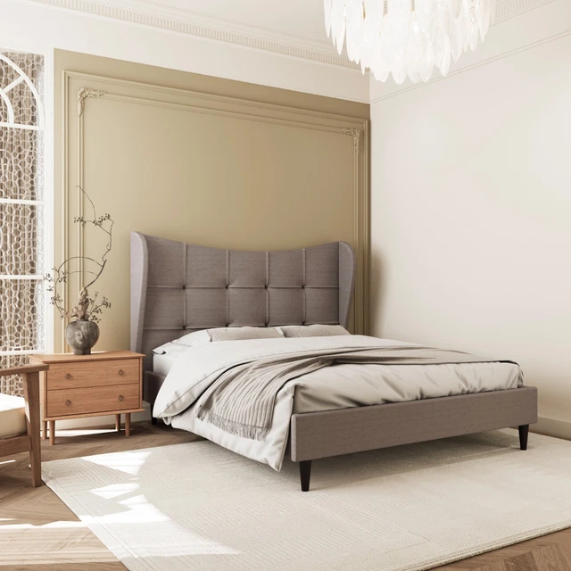 VERONA 4FT6 DOUBLE Brown Fabric Bed Frame Tall Wingback Upholstered ...