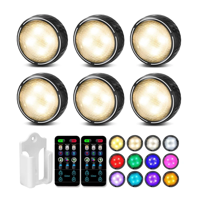 6 PACK LED Puck Lights RGB Under Cabinet Battery Operated w/ Remote £33 ...