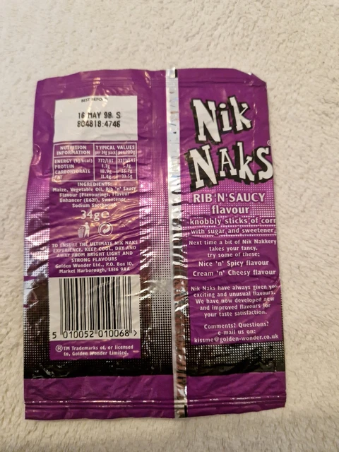 VINTAGE GOLDEN WONDER Nik Naks Packet Rib N Saucy 1998 (Empty) £4.36 ...