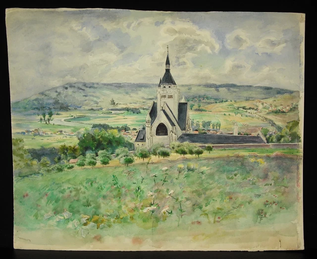 VILLAGE DE DORMANS église vallée sur la Marne dessin original aquarelle 37 cm EUR 80,00 ...