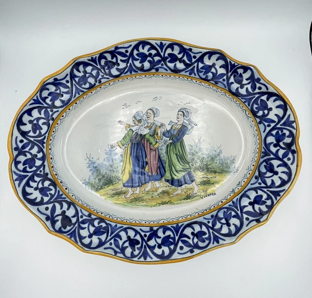 ANCIEN GRAND PLAT/ASSIETTE Faïence QUIMPER HB SUPERBE DECOR DE BRETON ...