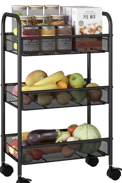 THREE TIER ROLLING Storage Cart Utility Organize Shelves W Wheels ...