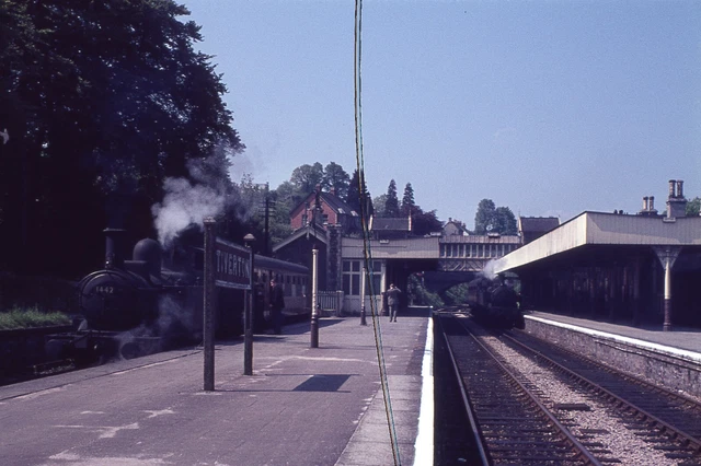 ORIGINAL SLIDE . BR ex-GWR 14xx Steam Loco 1442 . Tiverton Town Station ...
