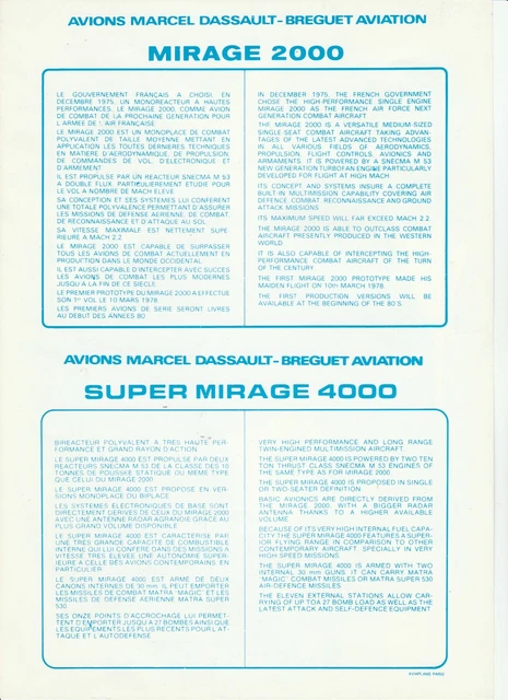 MIRAGE 2000 + SUPER MIRAGE 4000 A4 poster MARCEL DASSAULT-BREGUET ...