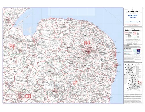 EAST ANGLIA POSTCODE Sector Wall Map- Postcode Sector Map 15 ...