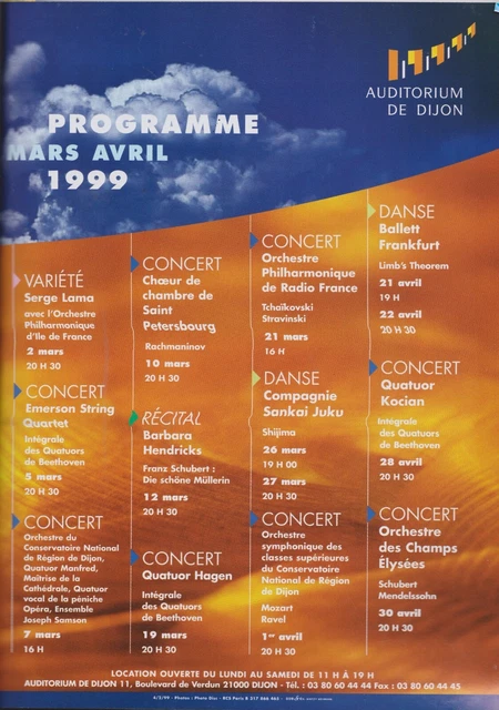 PROGRAMME CONCERT AUDITORIUM DE DIJON - Mars/Avril 1999 EUR 2,35 - PicClick FR