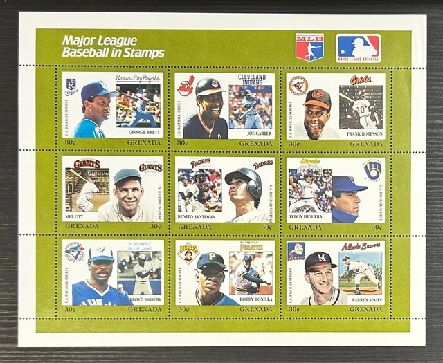 1988 GRENADA MLB Stamp Sheet 🟢 Brett, Carter, Robinson, Ott, Bonilla ...