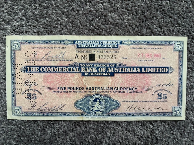 COLLECTABLE ~ 1963 ~ CBA Bank ~ Traveller’s Cheque ~ Serial No A073526 ...