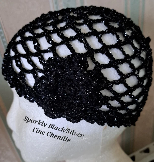SPARKLY BLACK/SILVER GLITTER CROCHET SKULL CAP HAT 70s 20s Fancy Dress ...